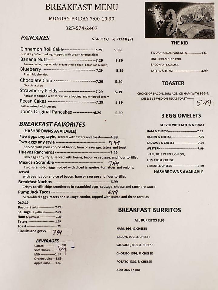Menu at Joni's Cafe, Snyder