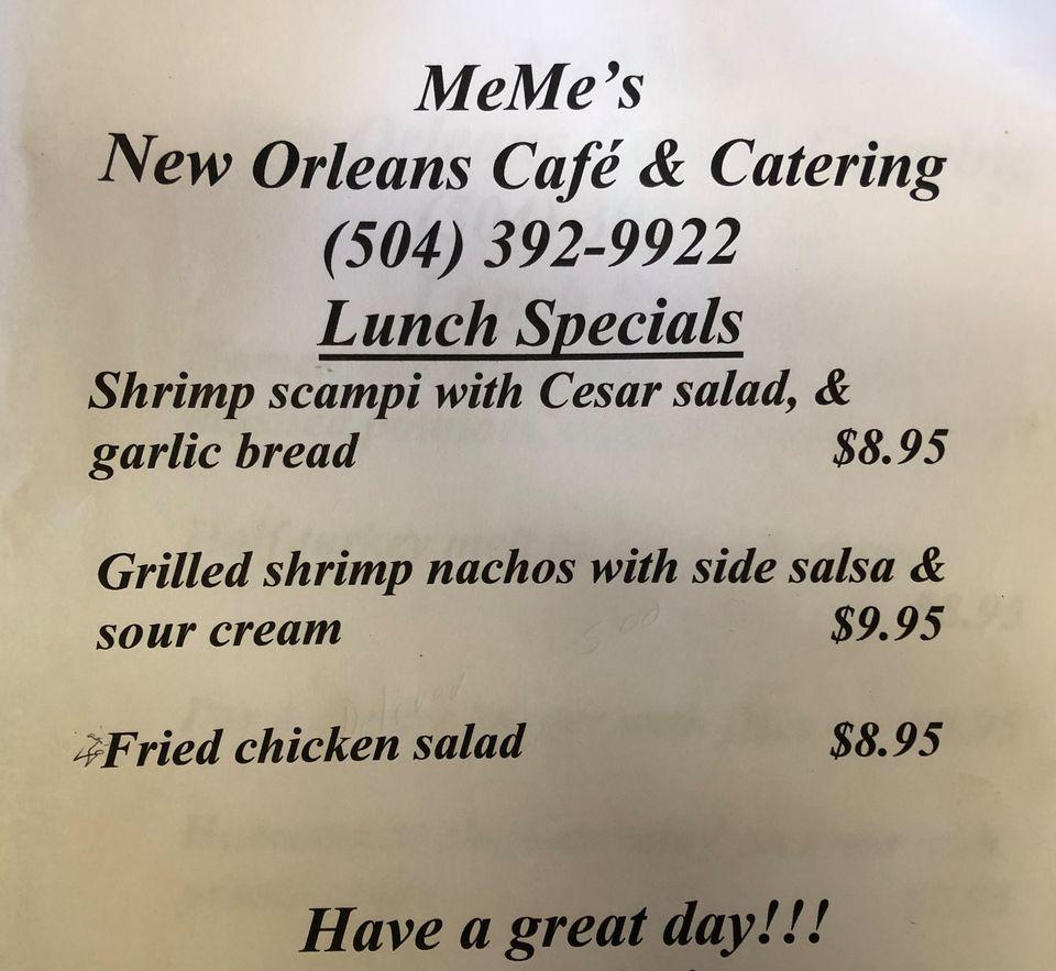 Menu at Meme's New Orleans Cafe, Belle Chasse