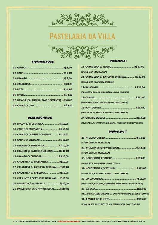 Menu at Pastelaria da Villa pub & bar, São Paulo, R. Antônio Pinto Vieira