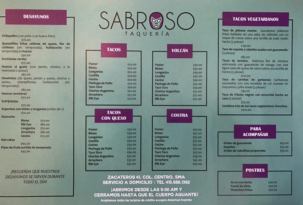 Menu at Sabroso Taquería restaurant, San Miguel de Allende