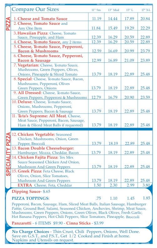 Menu at Tata's House of Pizza & Pasta pizzeria, Kingston, 569 Princess St