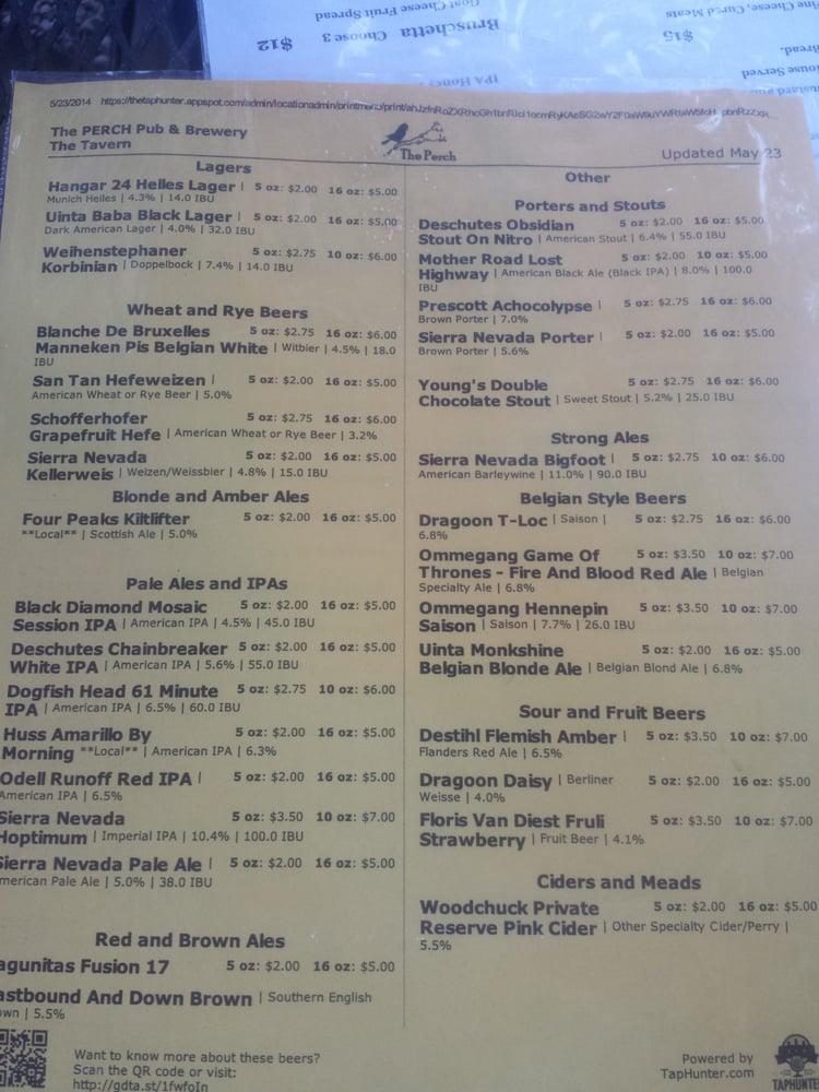 Menu at The Perch Brewery pub & bar, Chandler
