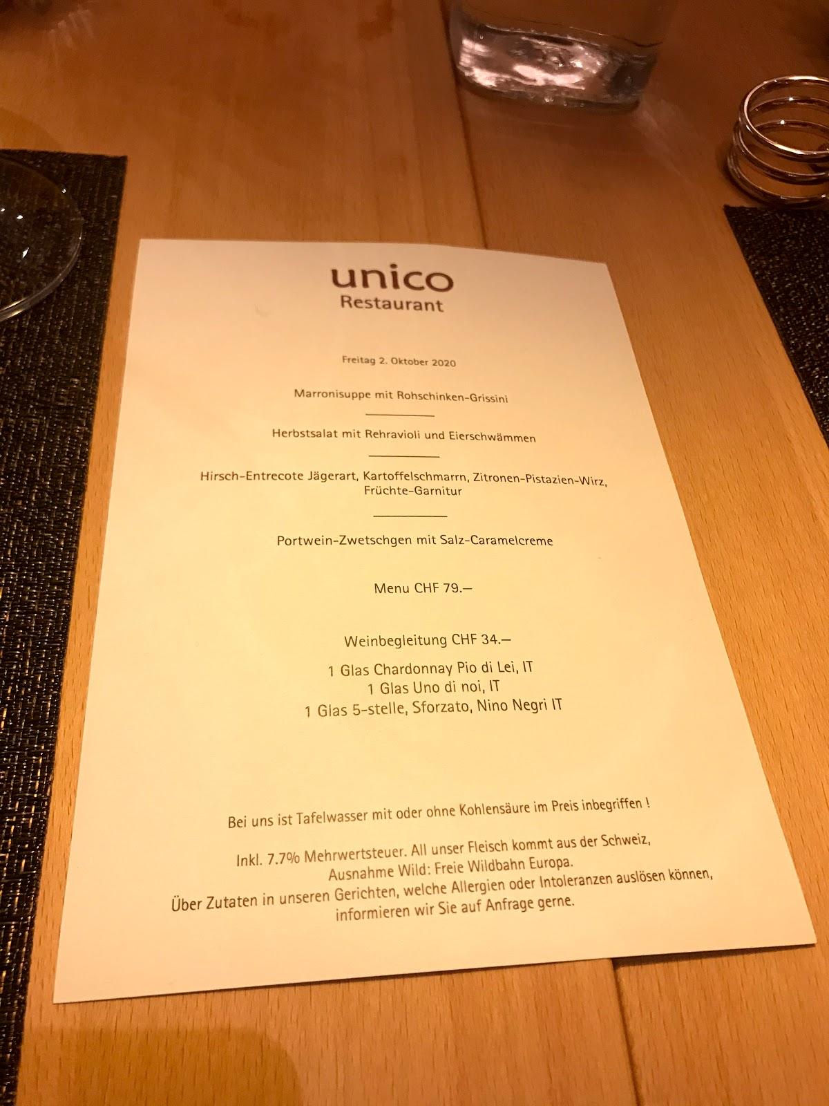 Speisekarte von Unico Restaurant, Zug