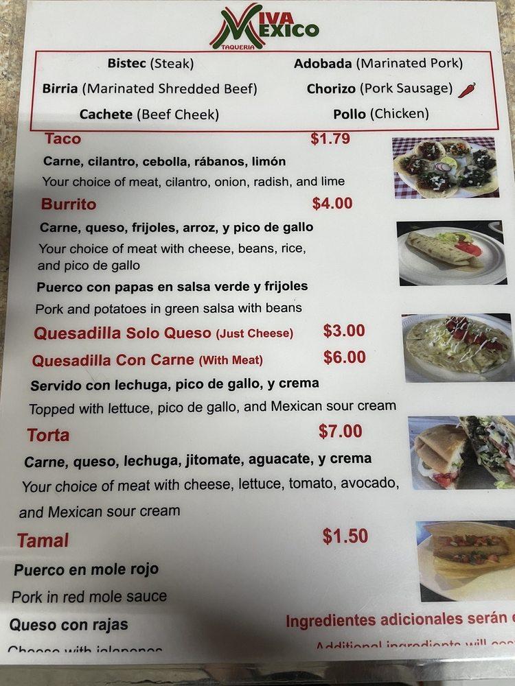Menu at Viva Mexico Taqueria restaurant, Summerfield