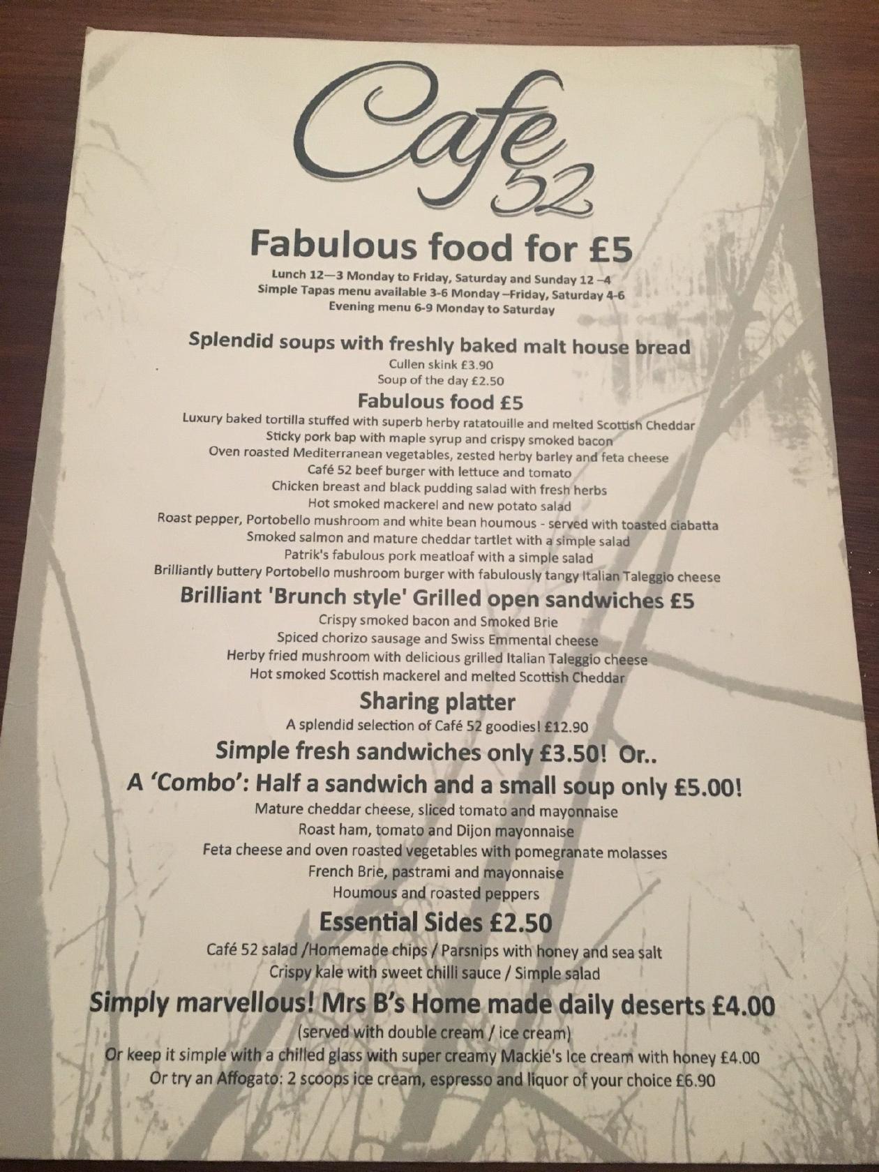 Menu at Cafe 52, Aberdeen
