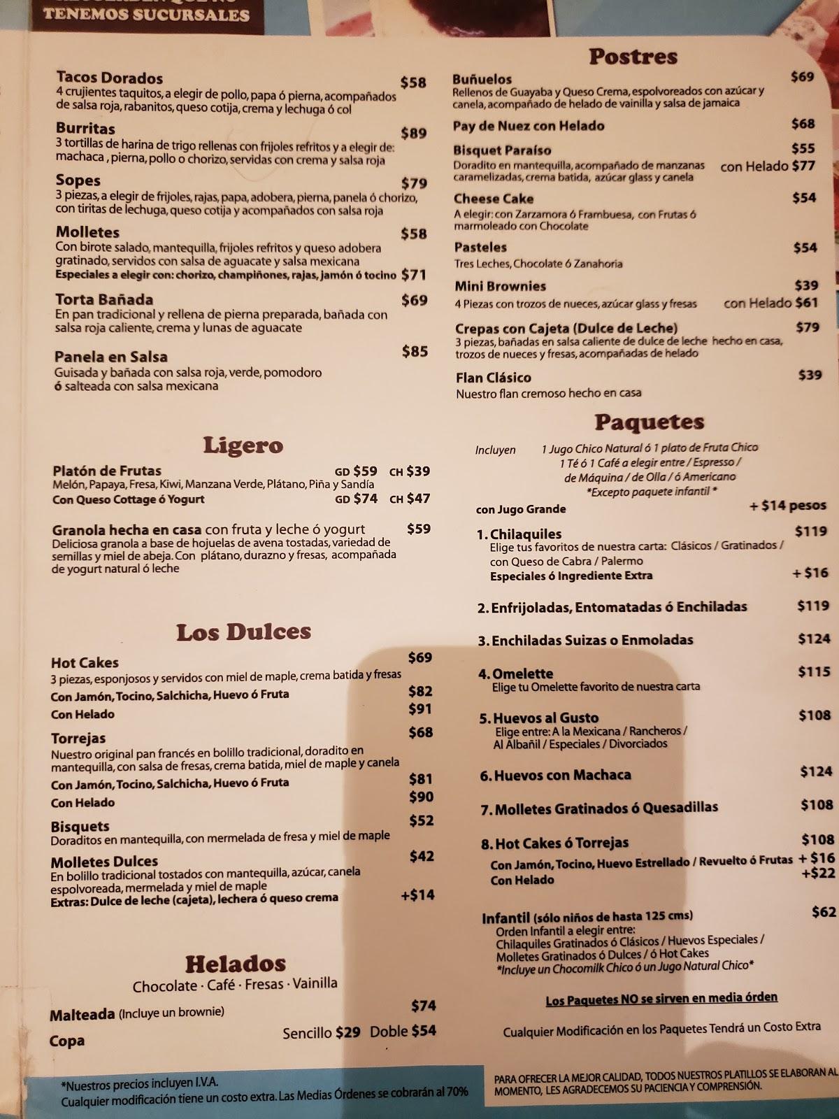 Carta de Café El Colibrí, Zapopan, Av. de Las Fuentes 68