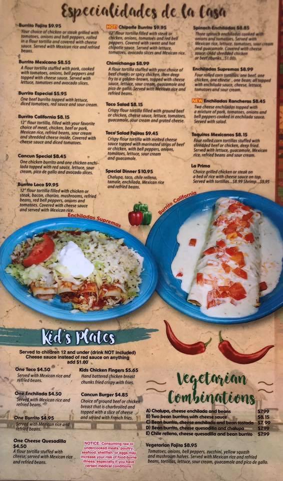 Menu at Cancun restaurant, Jacksonville, W Main St
