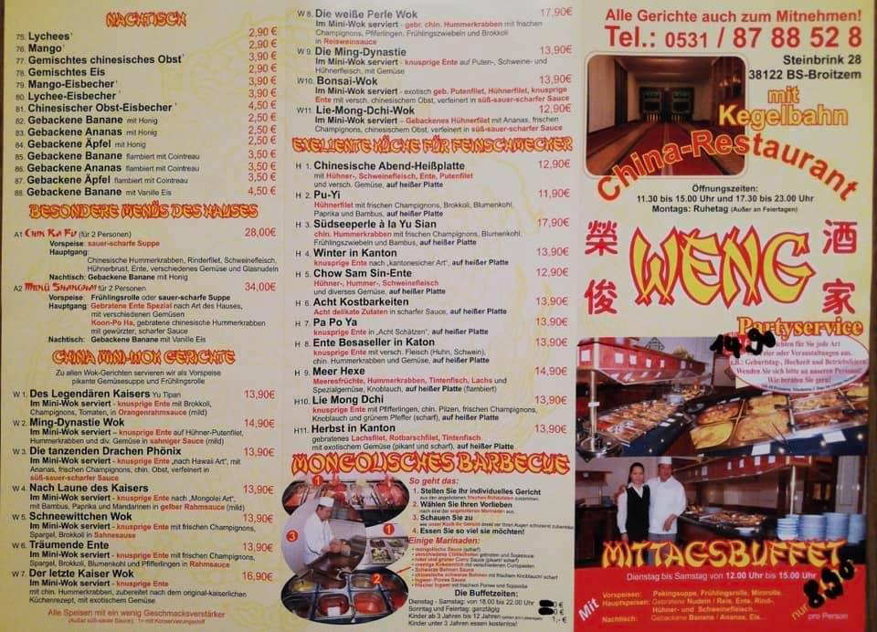 Speisekarte von China-Restaurant Weng, Braunschweig