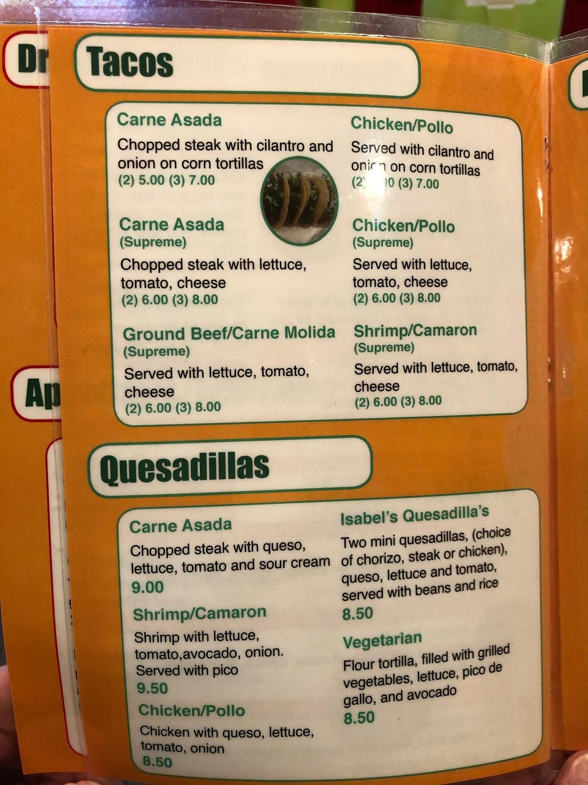 Menu at Isabel’s Tacos restaurant, Grabill