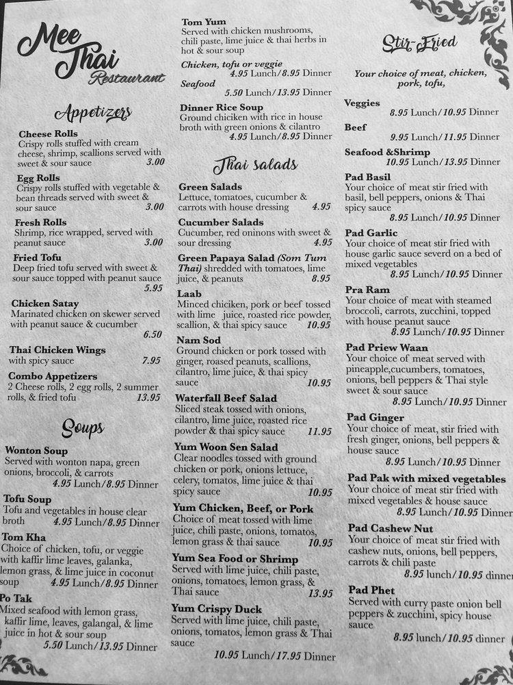 Menu at Mee Thai Restaurant, Orlando