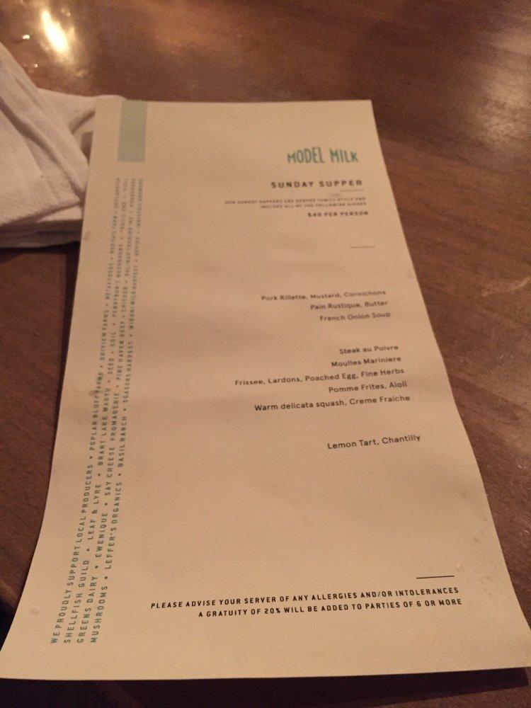 Menu at Model Milk restaurant, Calgary