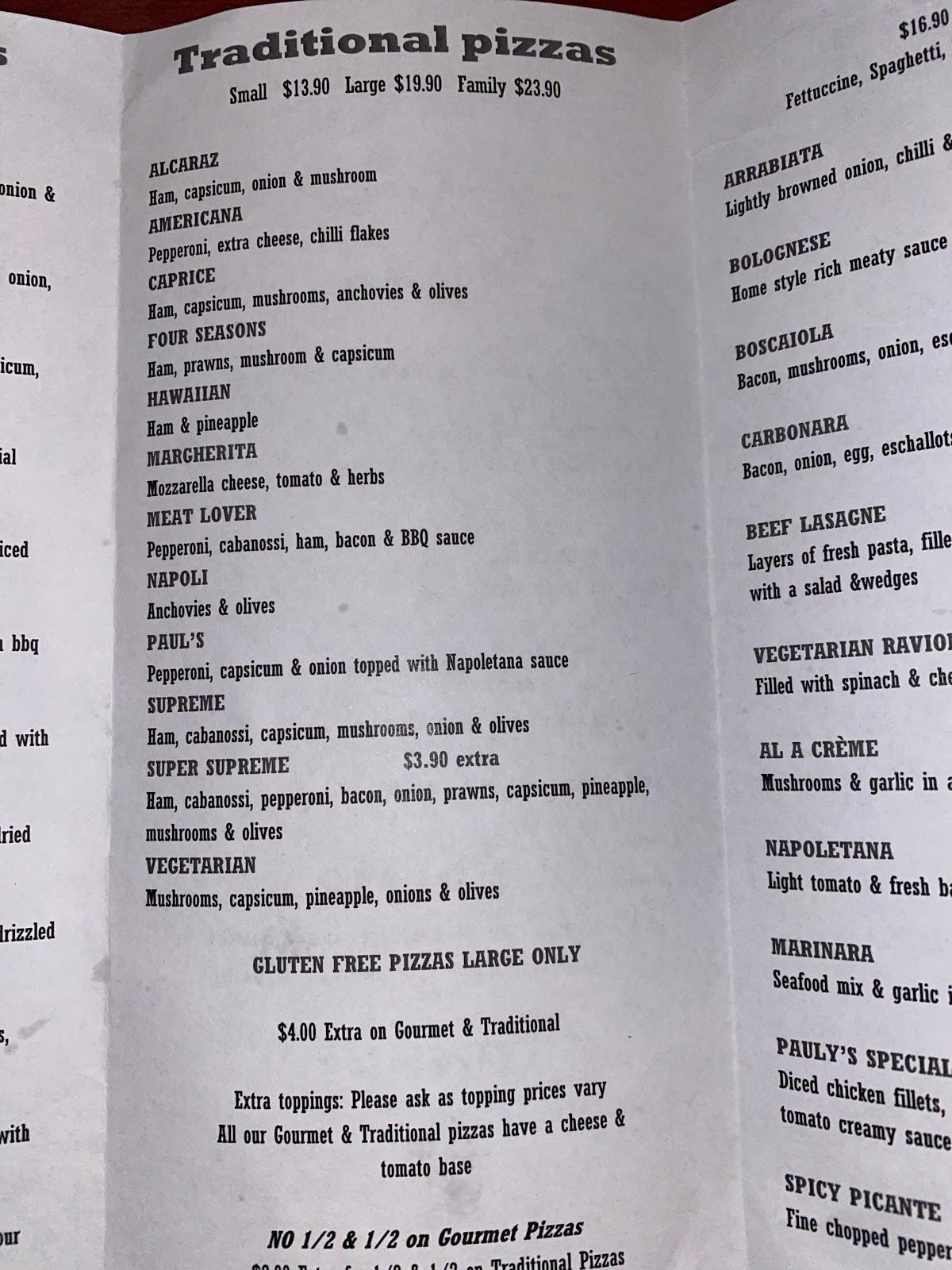Menu at Pauly's Gourmet Kitchen restaurant, Morisset
