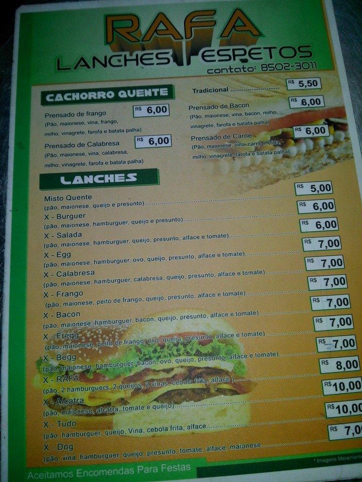 Menu at RAFA Lanches E Espetos steakhouse, Paranaguá