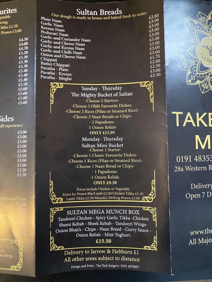 Menu at The Sultan of Jarrow restaurant, Jarrow