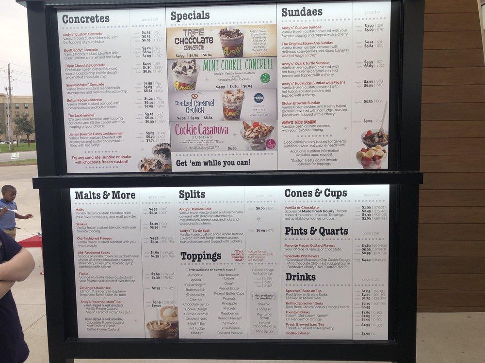 Menu at Andy's Frozen Custard cafe, Longview