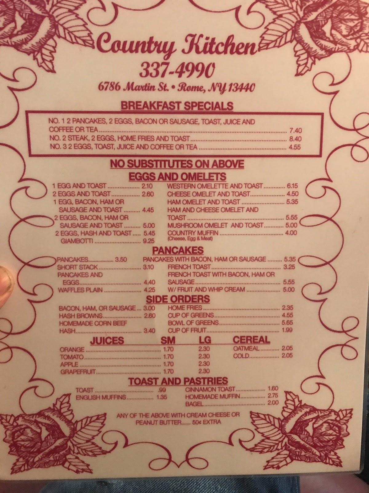 Menu at Country Kitchen restaurant, Rome, Martin St