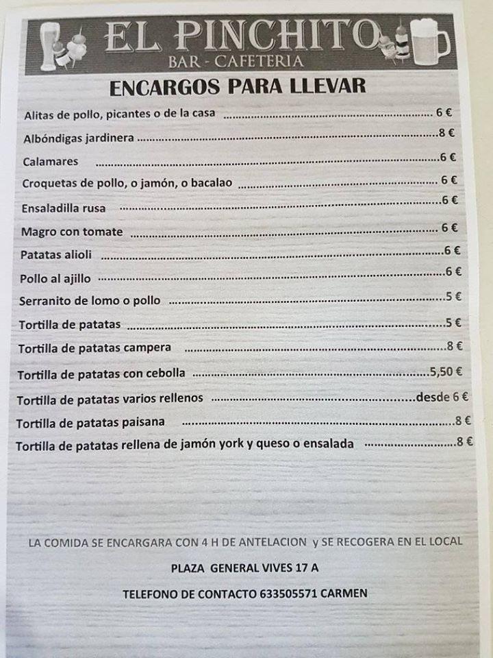 Carta del restaurante El Pinchito, Azuqueca del Henares