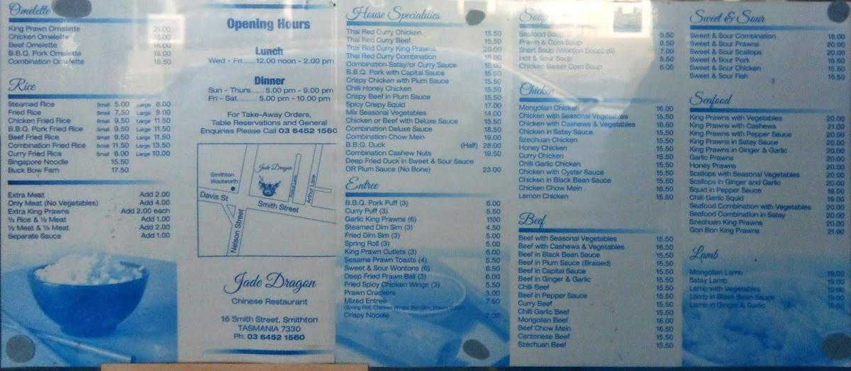 Menu at Jade Dragon Chinese Restaurant, Smithton