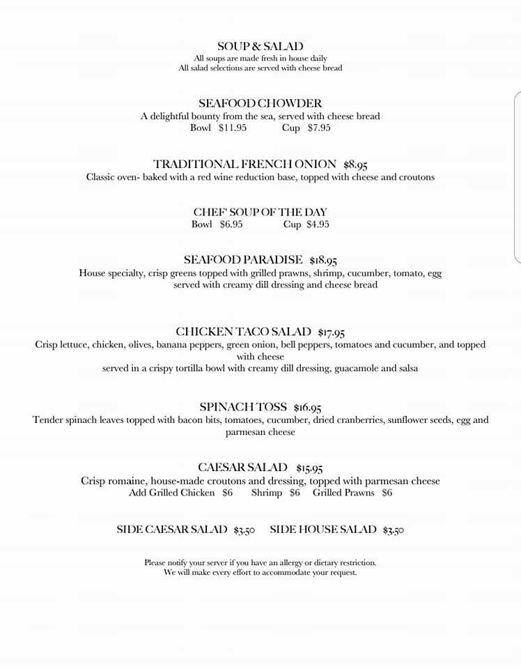 Menu at Piccadilly Bistro restaurant, Nanaimo