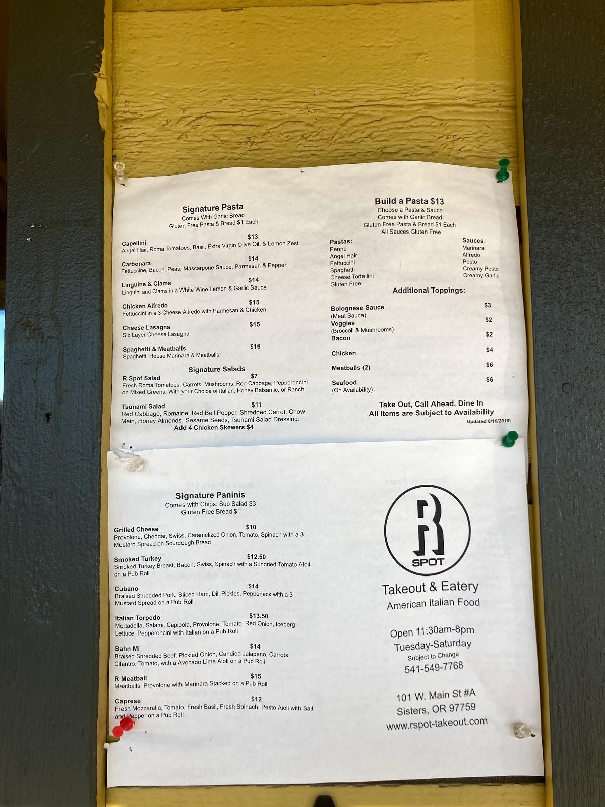 Menu at R Spot Takeout and Eatery restaurant, Sisters