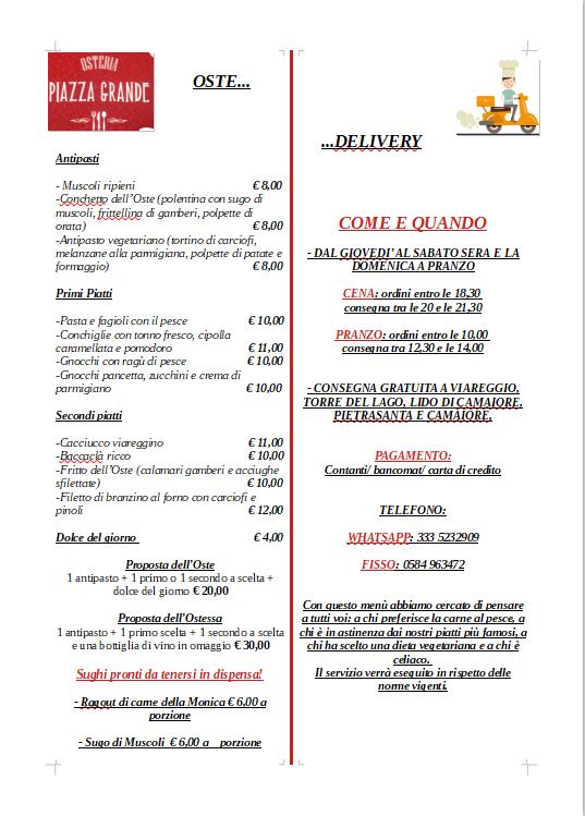 Menu at Ristorante Osteria Piazza Grande, Viareggio, Via Machiavelli