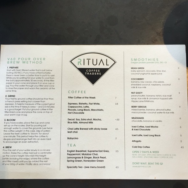 Menu at Ritual Coffee Traders Northbridge cafe, Northbridge