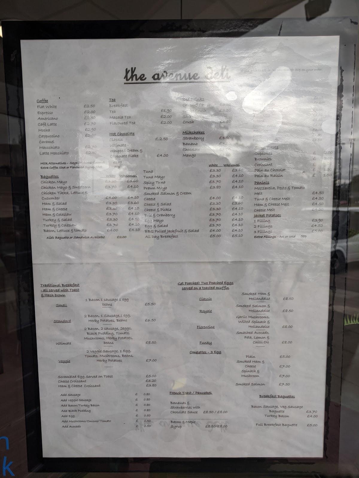 Menu at The Avenue Deli cafe, Reading