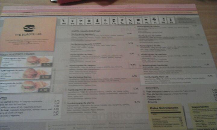 Menu at The Burger Lab restaurant, Madrid