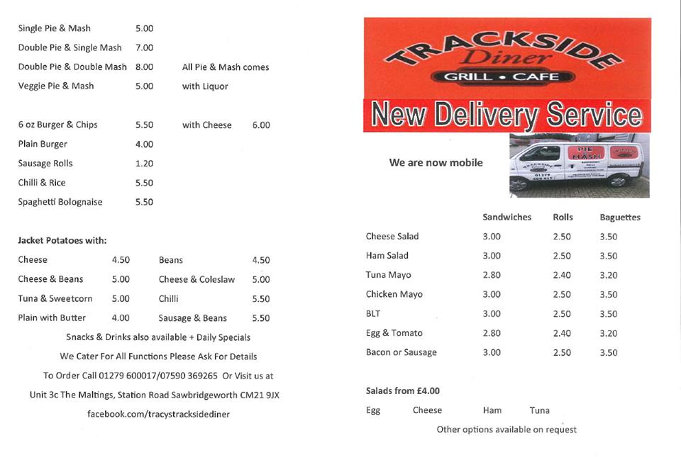 Menu at Track Side Diner cafe, Sawbridgeworth