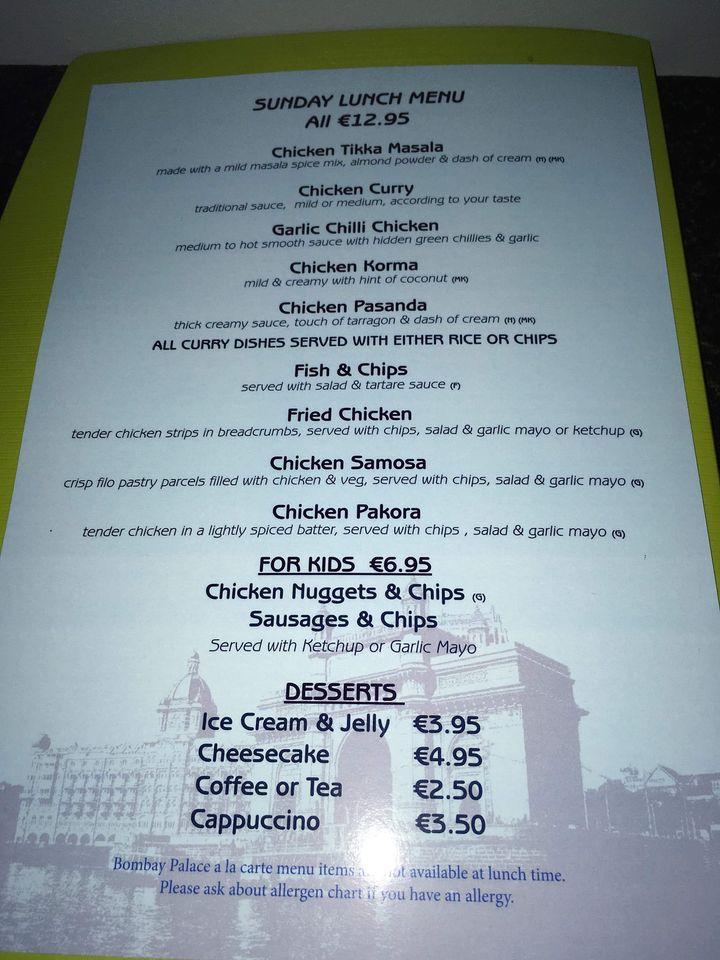 Menu at Bombay Palace restaurant, Castlerea