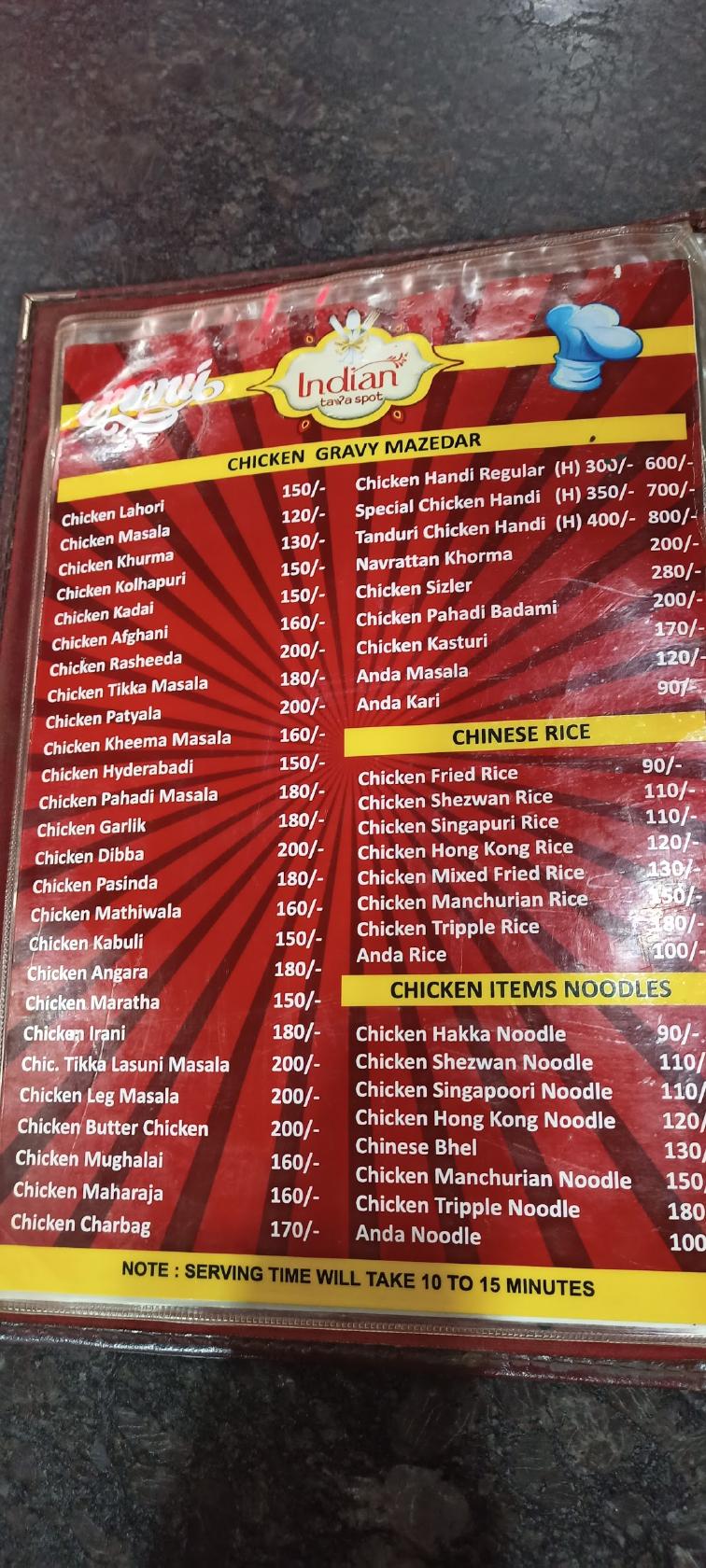 Menu at Indian Tawa Spot, Aurangabad