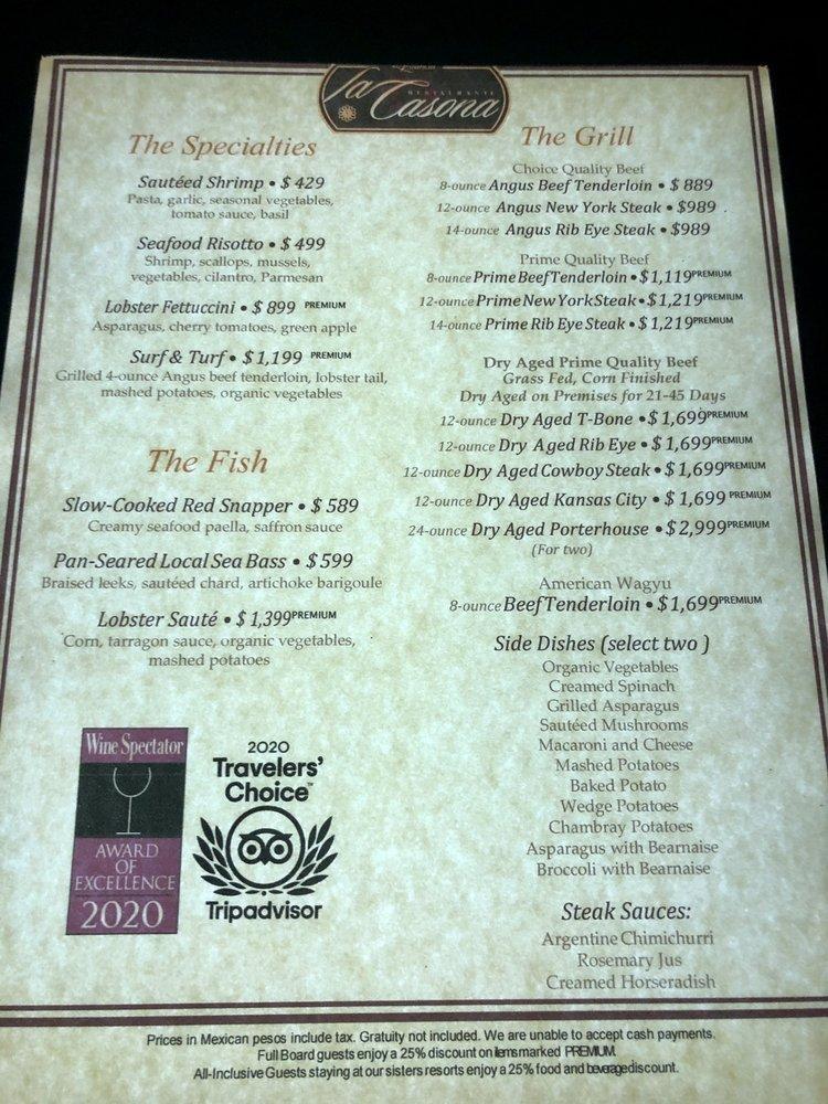 Menu at La Casona at Villa La Estancia steakhouse, Cabo San Lucas