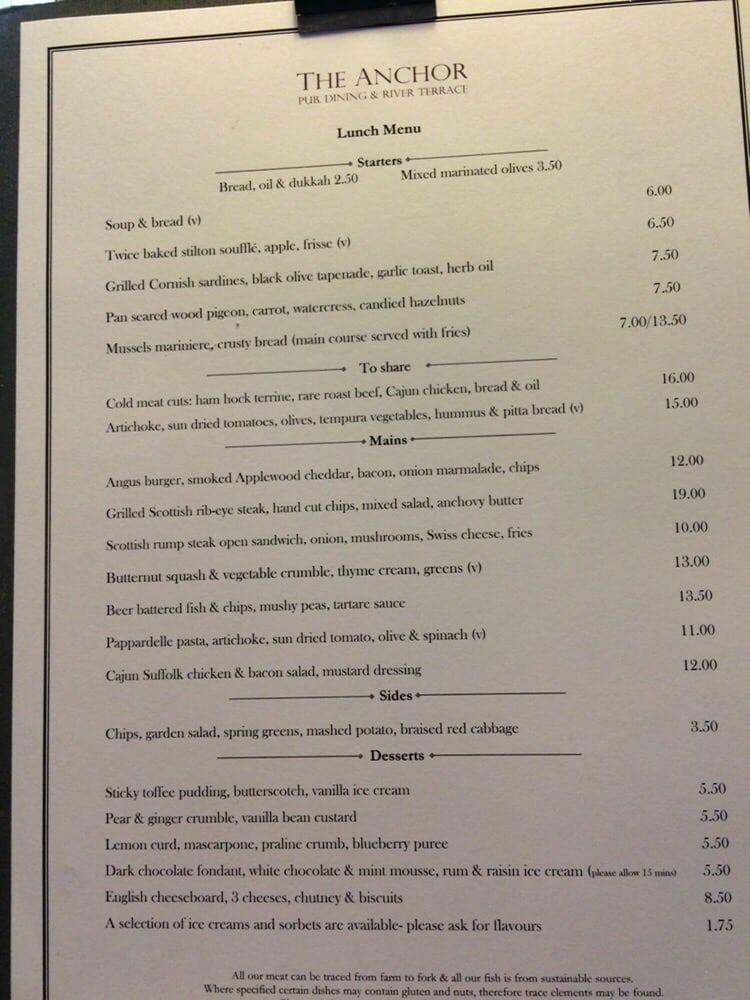 Menu at The Anchor pub & bar, Cambridge, Silver St