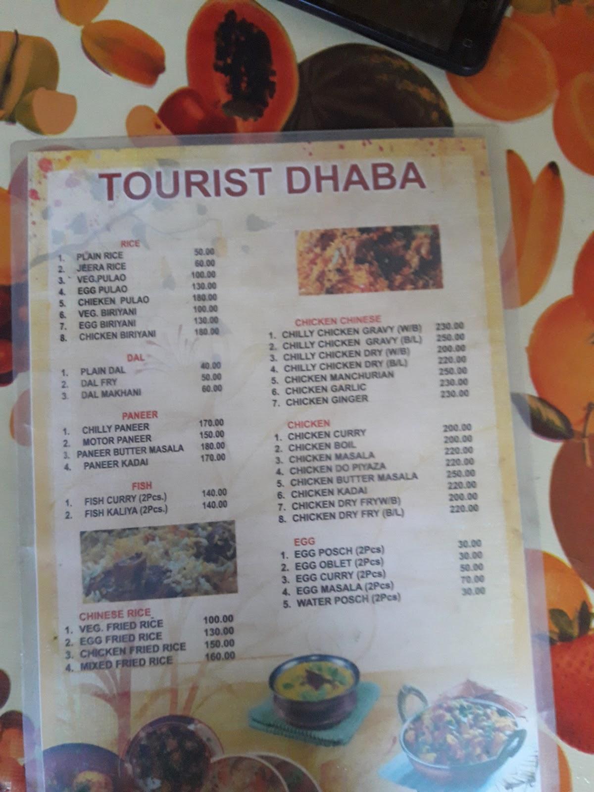 Menu at Tourist Dhaba, Guwahati