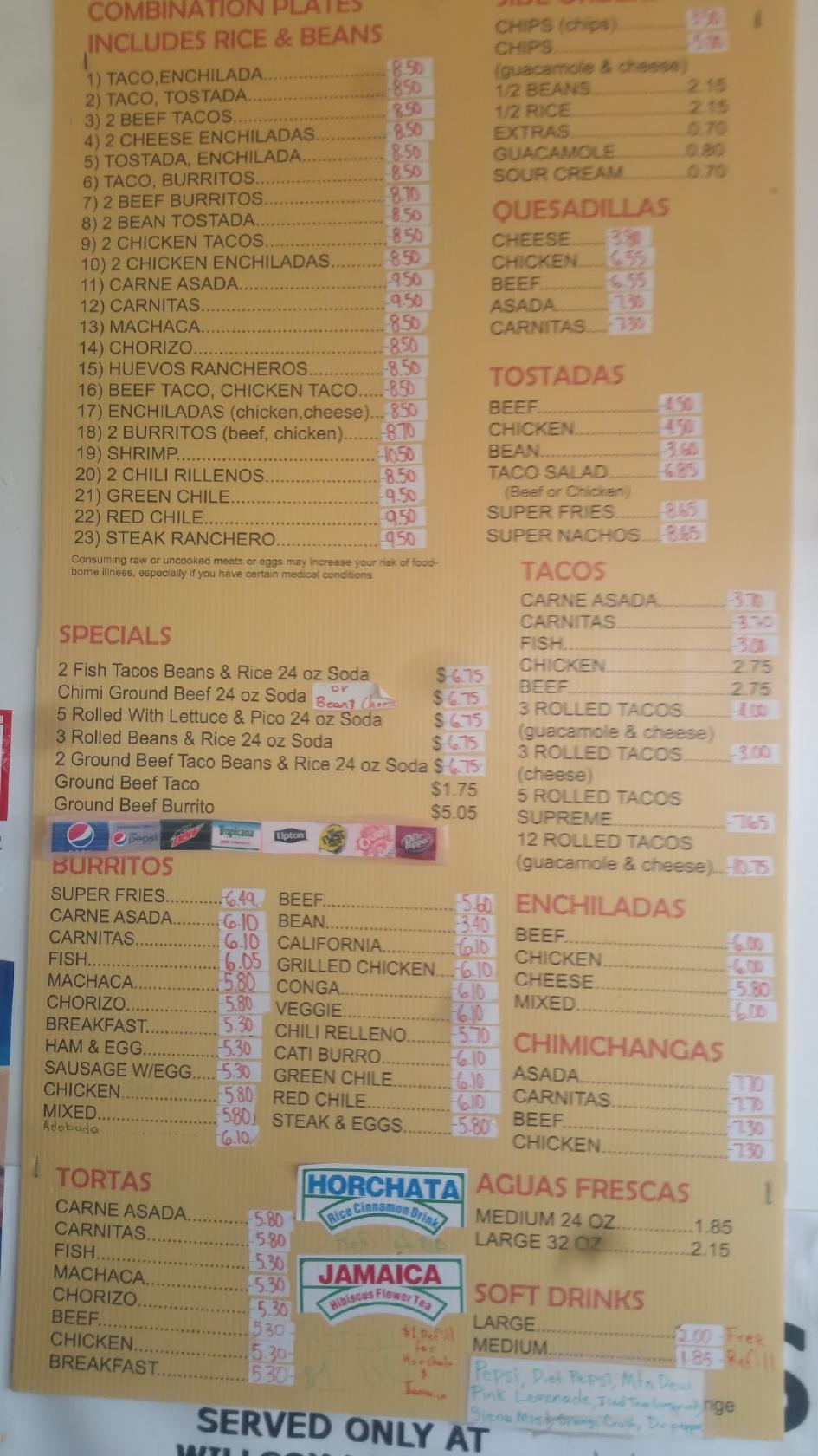 Menu at Adolfo's Taco Shop restaurant, Willcox, 910 W Rex Allen Dr