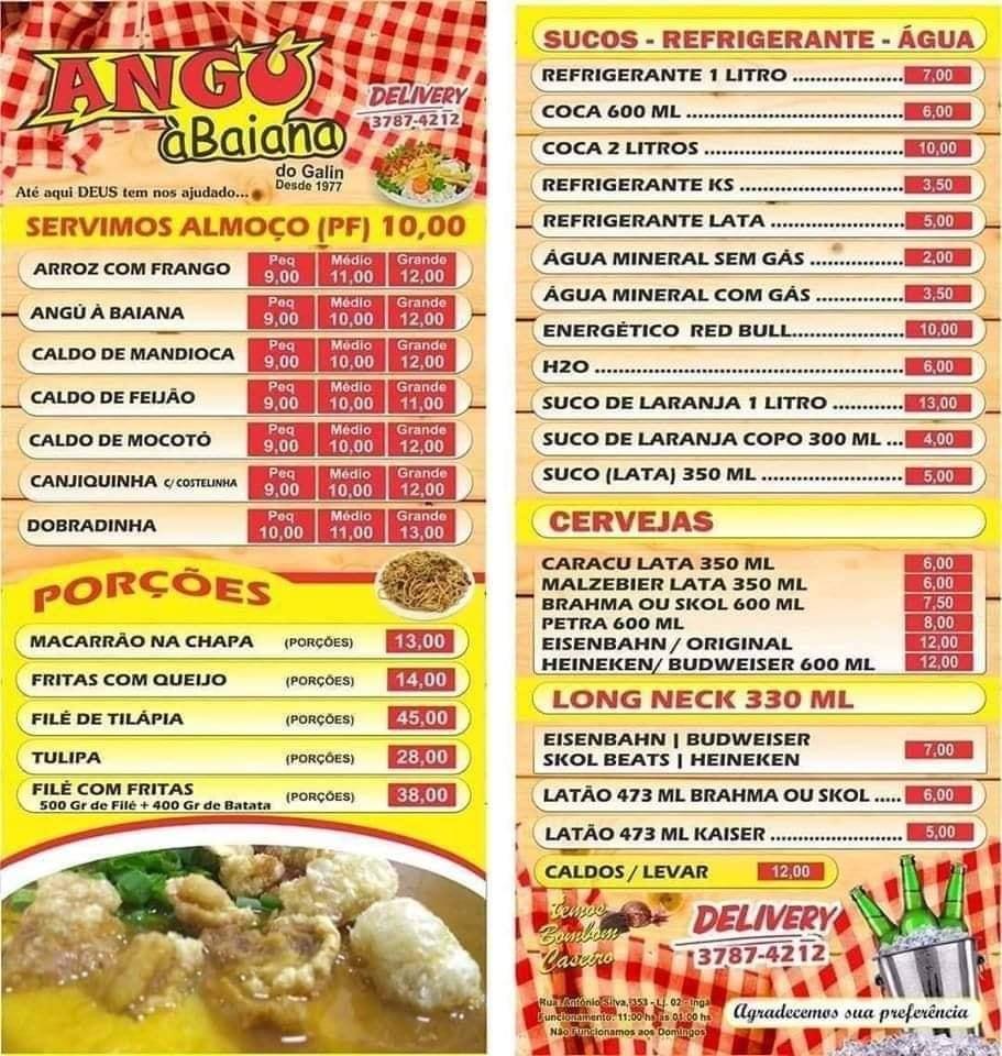 Menu at Angu A Baiana do Galin restaurant, Betim