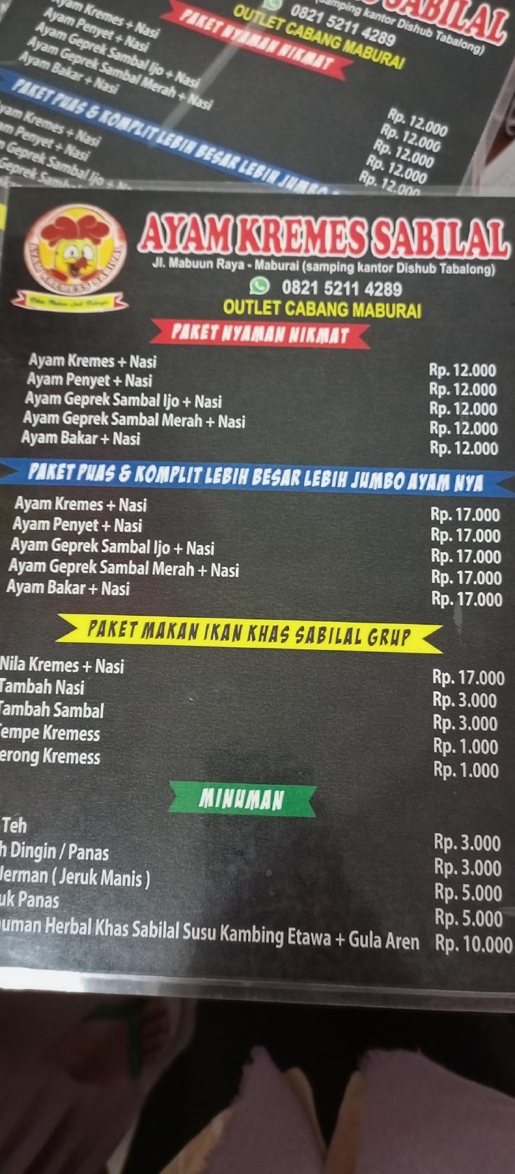 Menu at Ayam kremes Sabilal restaurant, Pembataan
