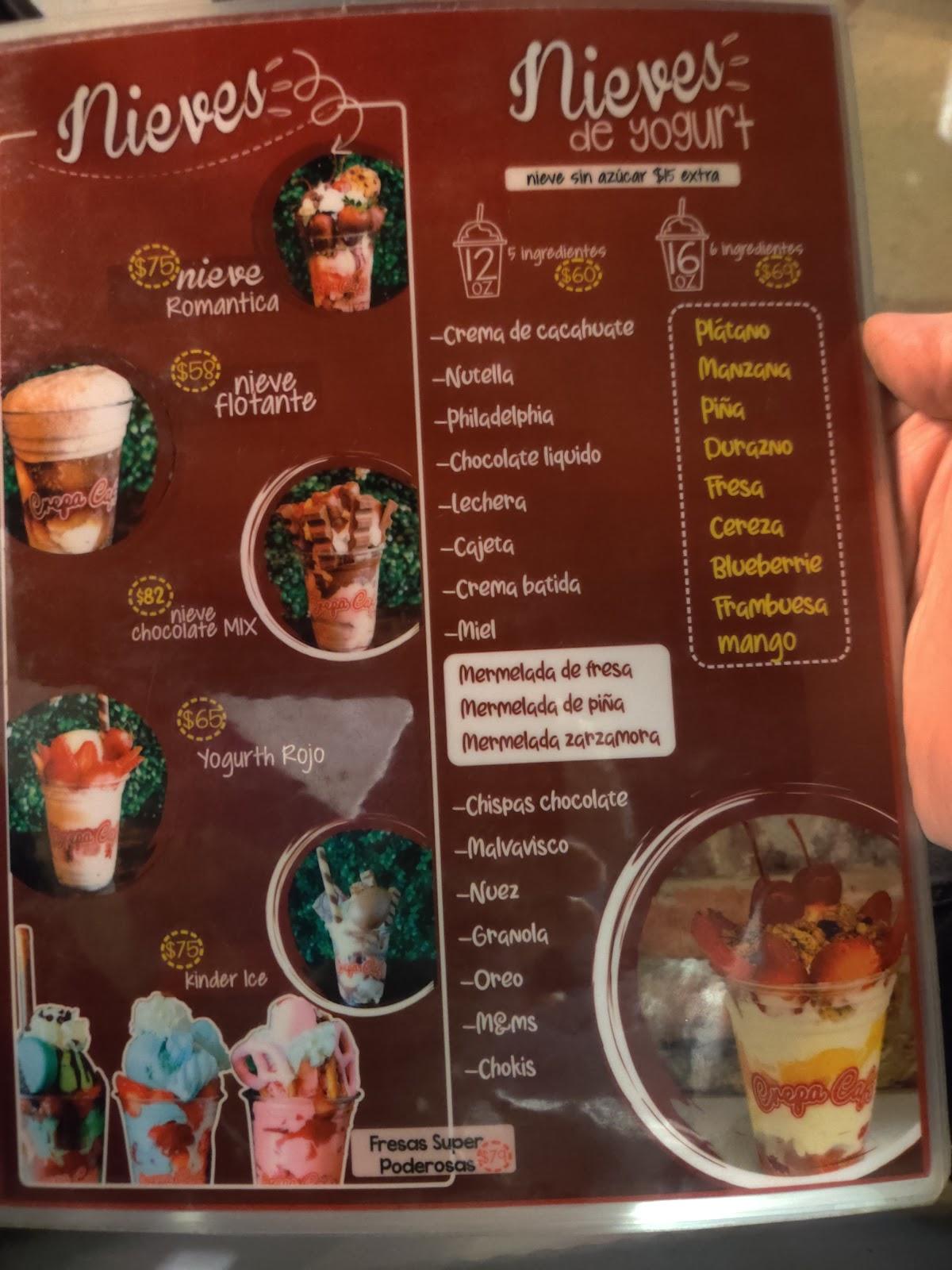 Menu at Crepa cafe, Reynosa, Heron Ramírez 2078