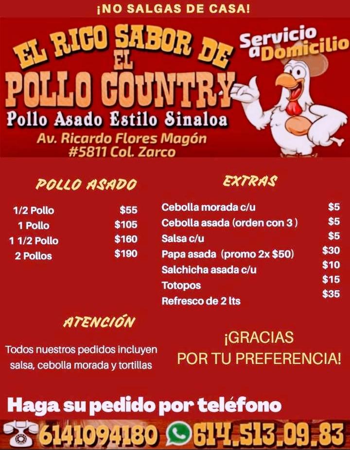 Carta del restaurante El Pollo Country, Chihuahua