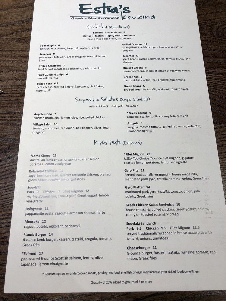 Menu at Estia's Kouzina restaurant, Belmont