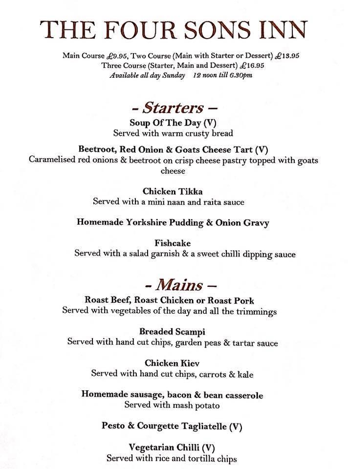 Menu at The Four Sons Inn pub & bar, Huddersfield