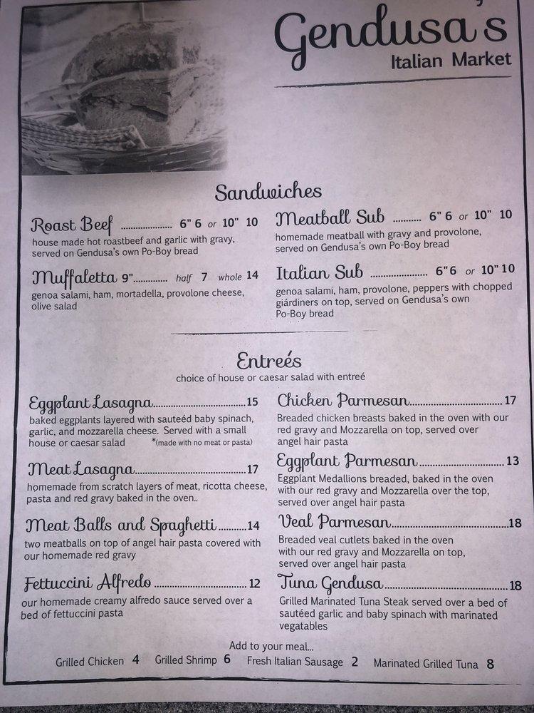Menu at Gendusa's Italian Eatery pizzeria, Kenner