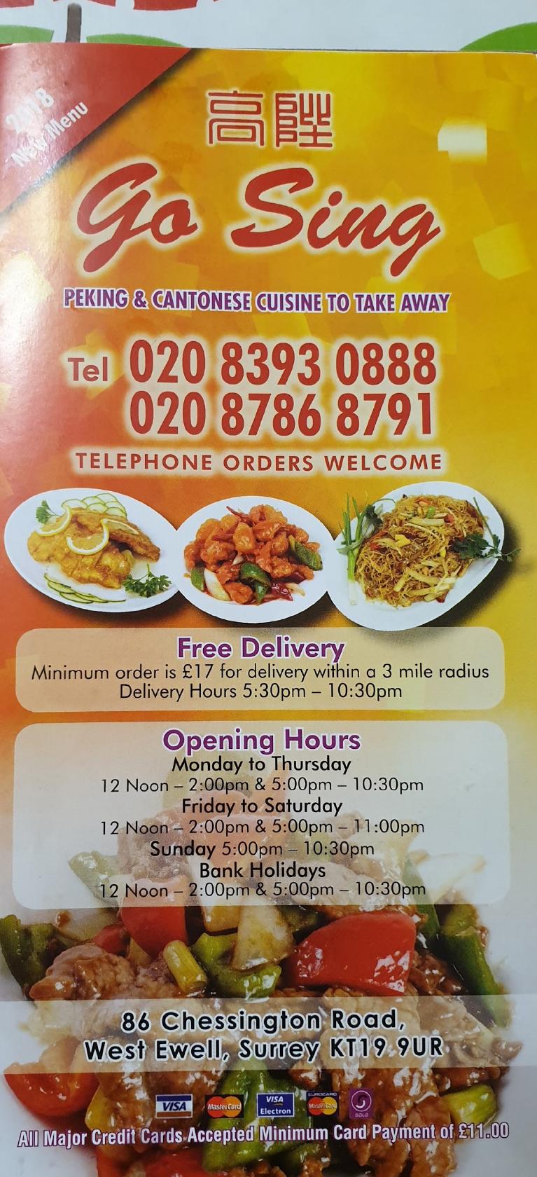 Menu at Go Sing (Chinese Takeaway) fast food, Epsom, 86 Chessington Rd
