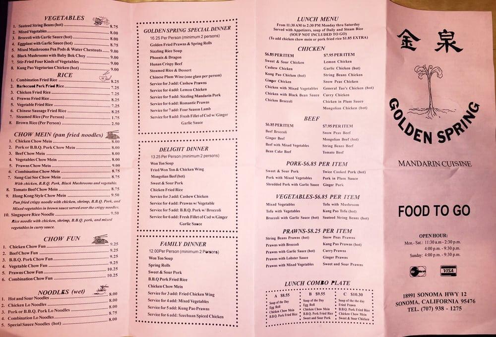 Menu at Golden Spring Mandarin Cuisine restaurant, Sonoma