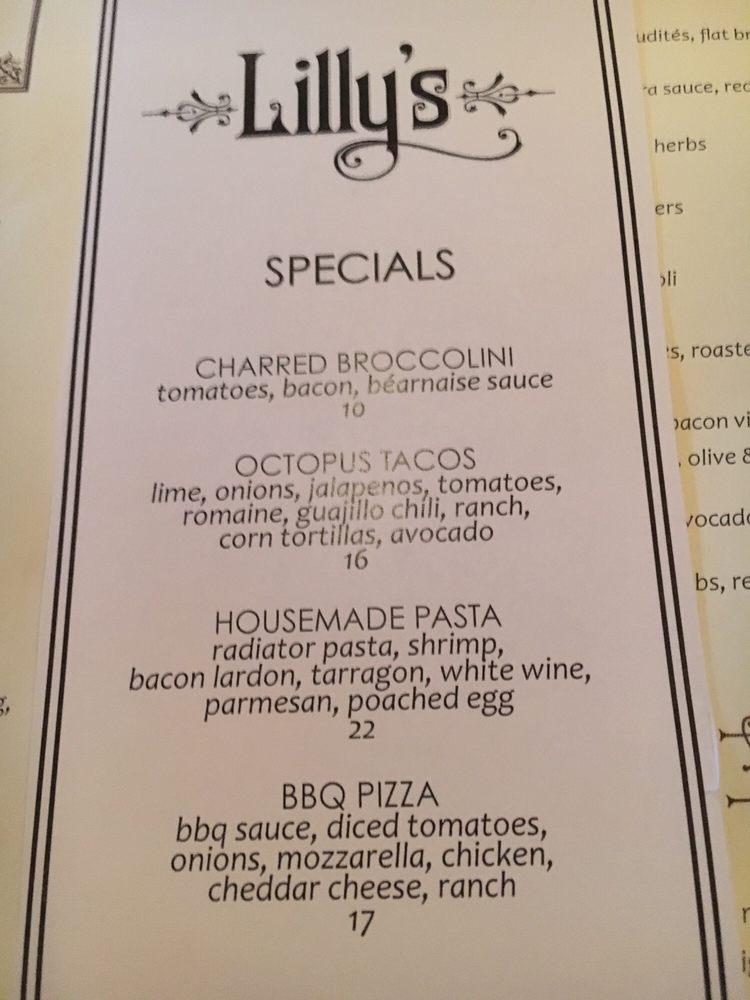 Menu at Lilly's restaurant, White Plains