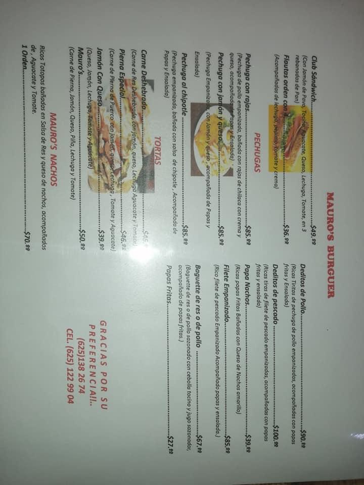 Menu at Mauro's Burger restaurant, Ciudad Cuauhtemoc