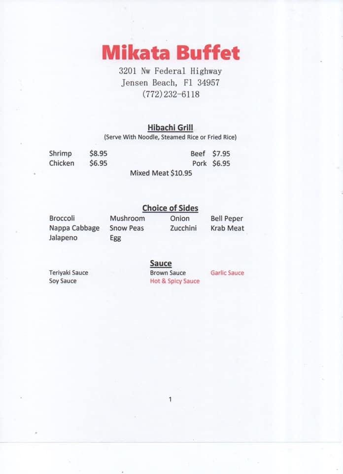 Menu at Mikata Buffet restaurant, Jensen Beach, NW Federal Hwy