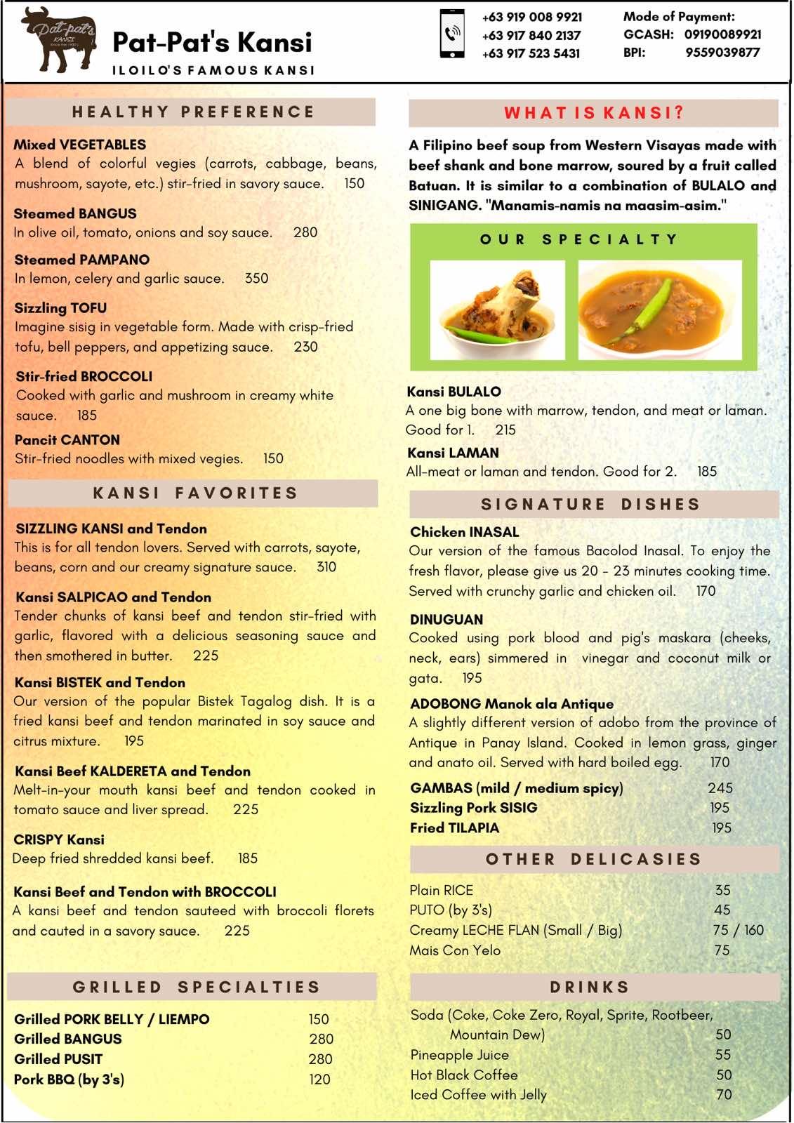 Menu at Pat-Pat's Kansi Pasig Branch restaurant, Pasig