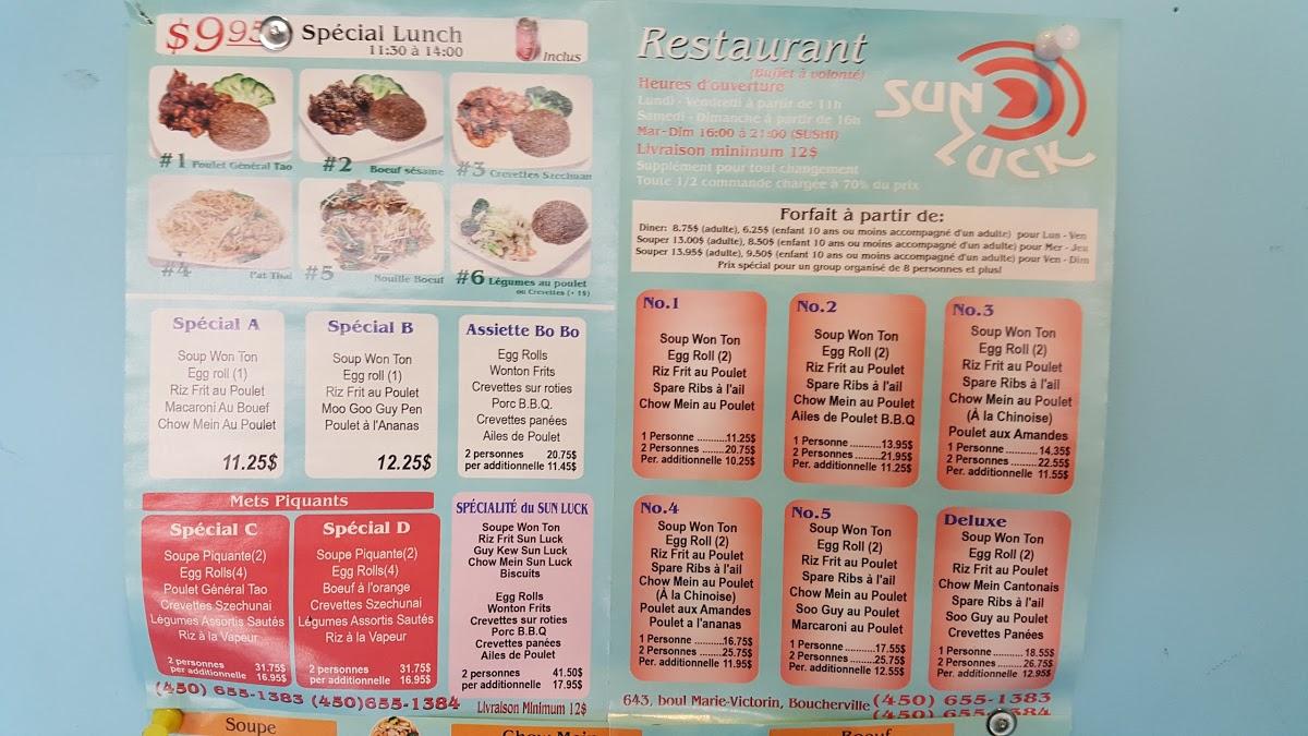 Menu au Sun Luck Chinese Food restaurant, Boucherville