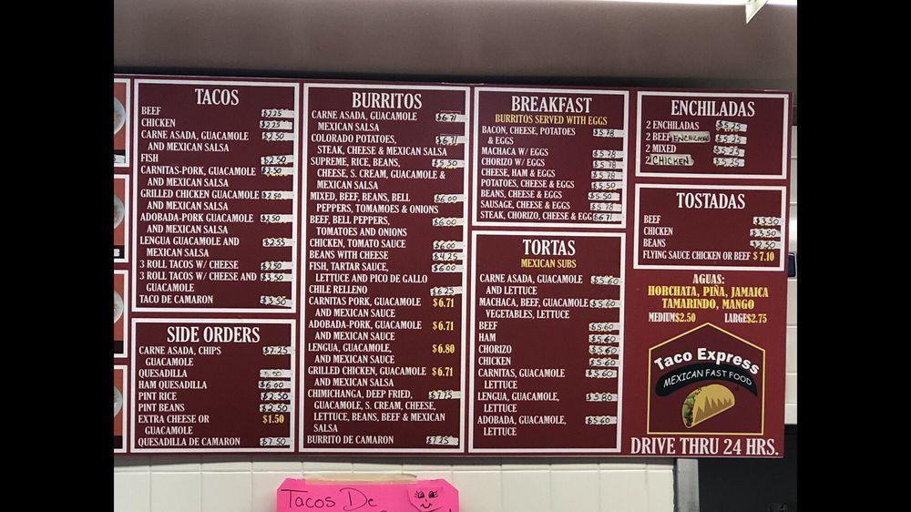 Menu at Taco Express restaurant, Colorado Springs, 402 S 8th St